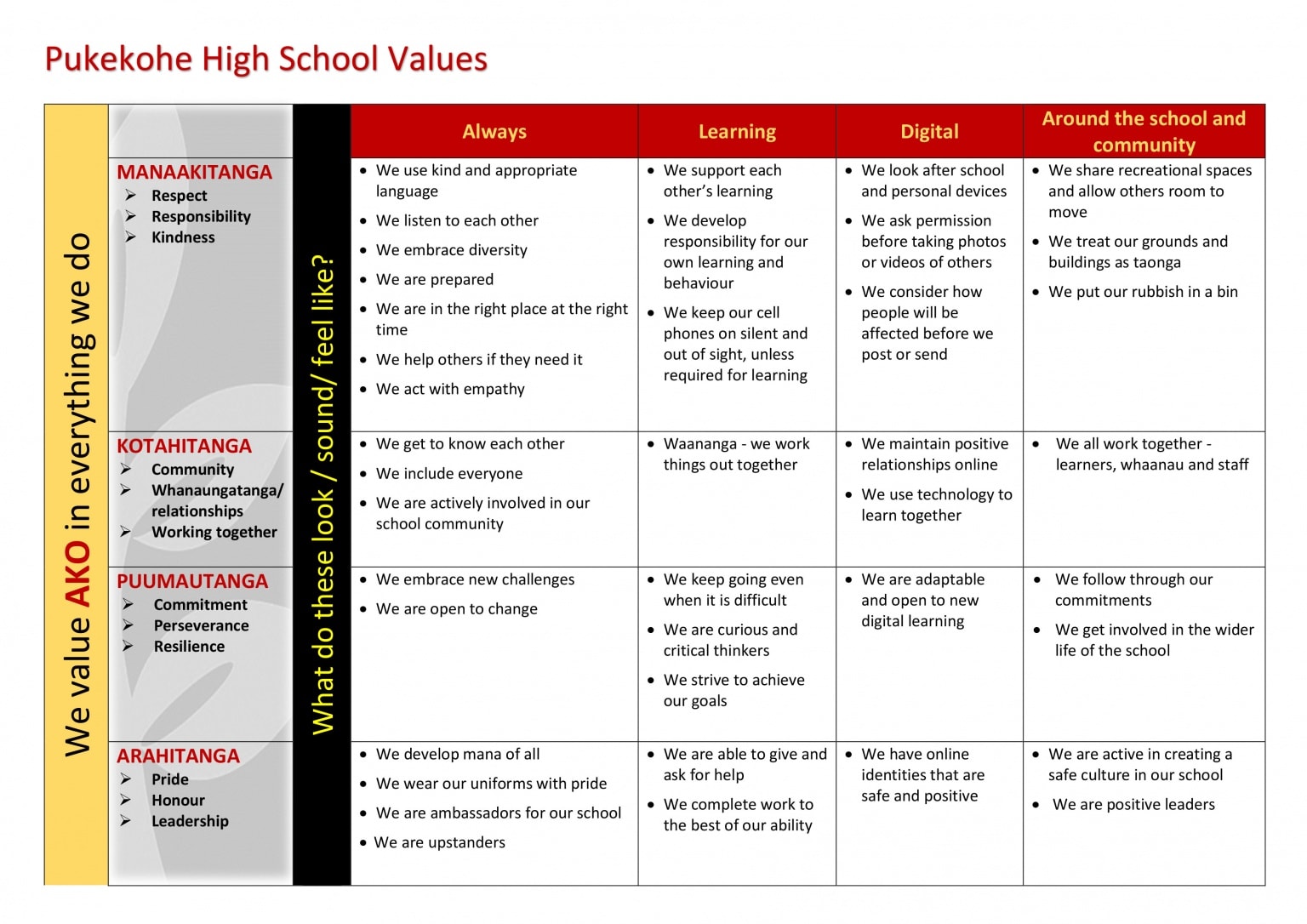 School Values - Pukekohe High School