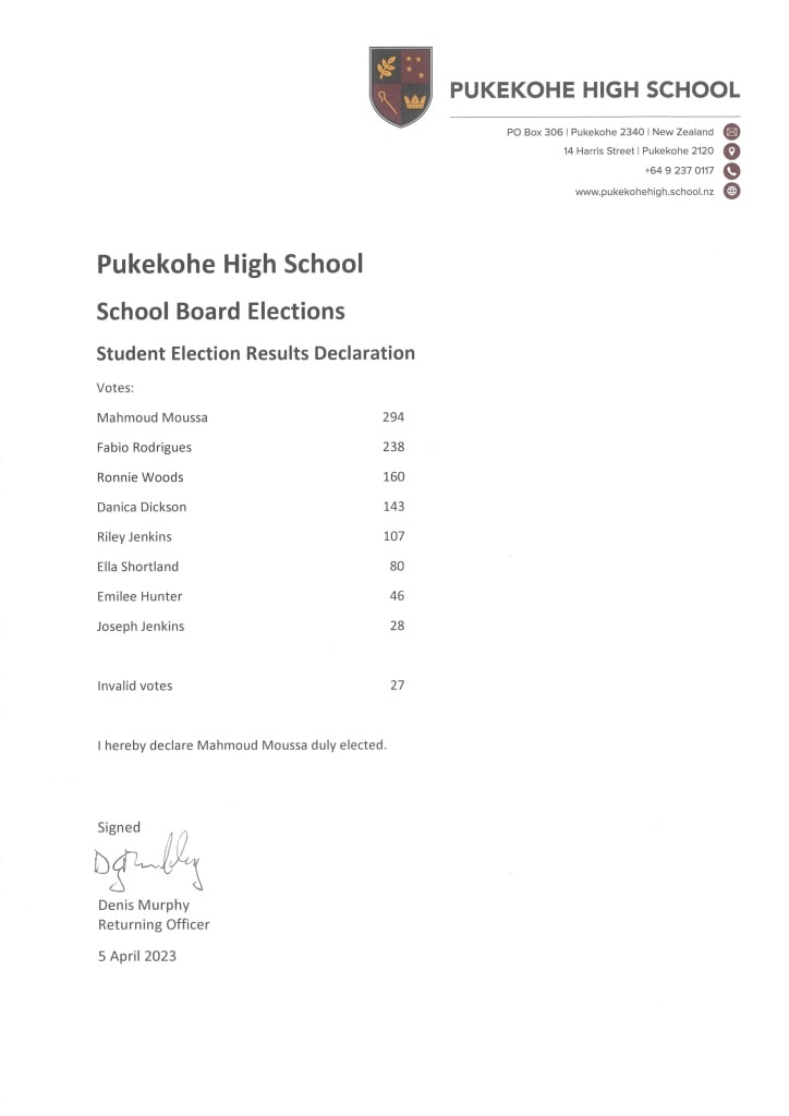 Student Election Results Declaration - Pukekohe High School